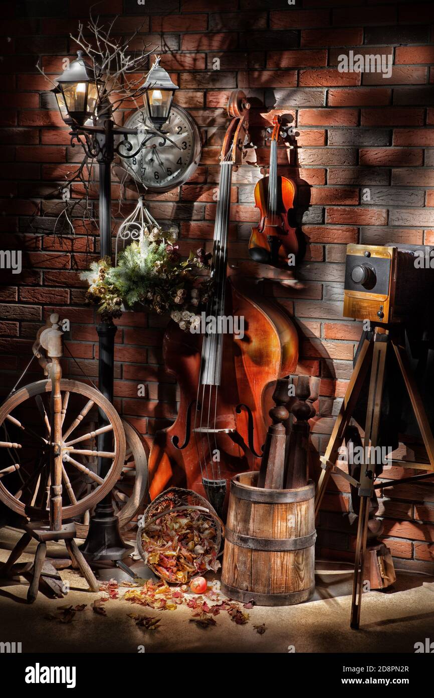 Still life with old double bass in country style Stock Photo - Alamy