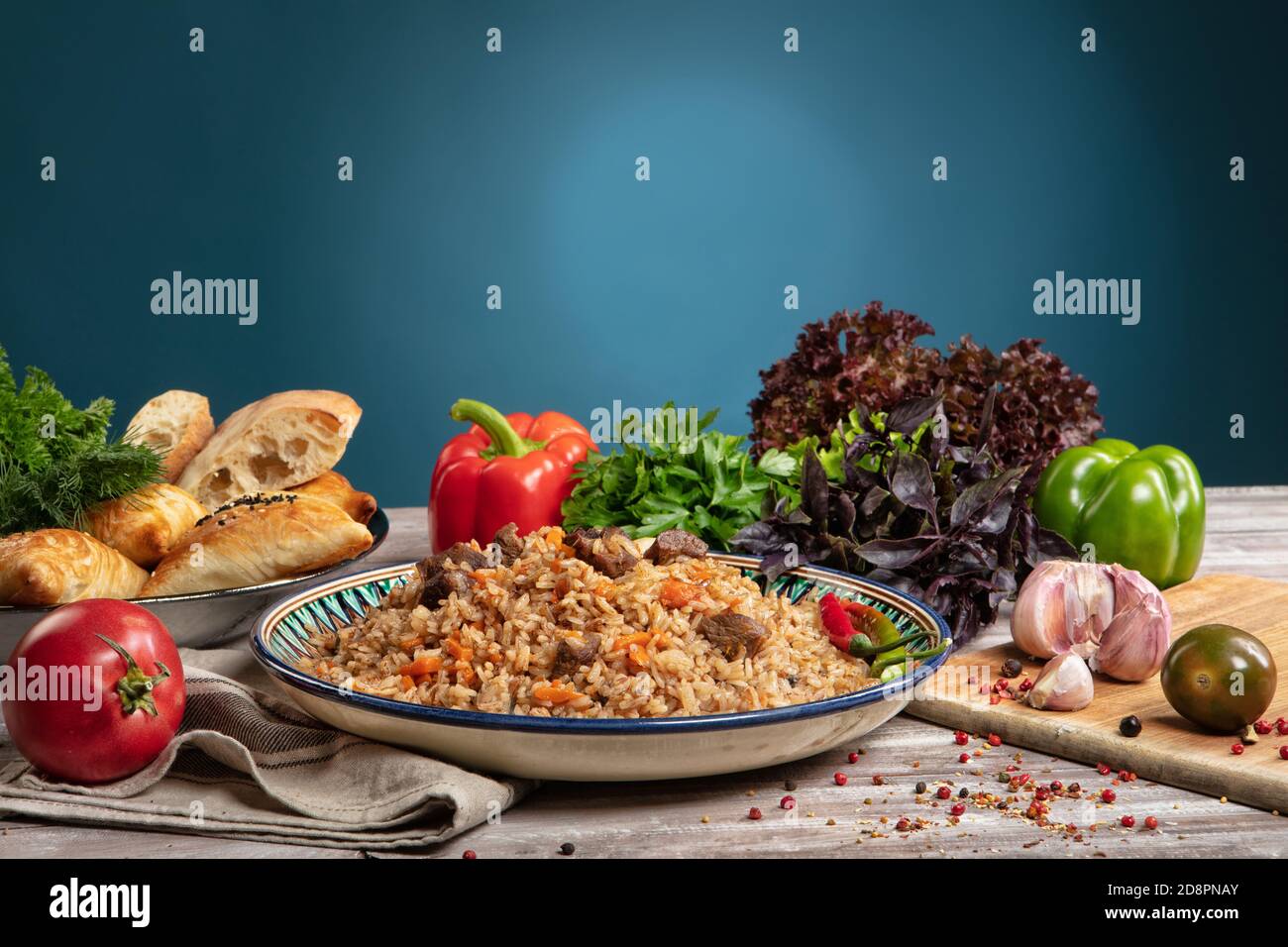 Asian traditional food and vegetables on an old wooden table Stock ...