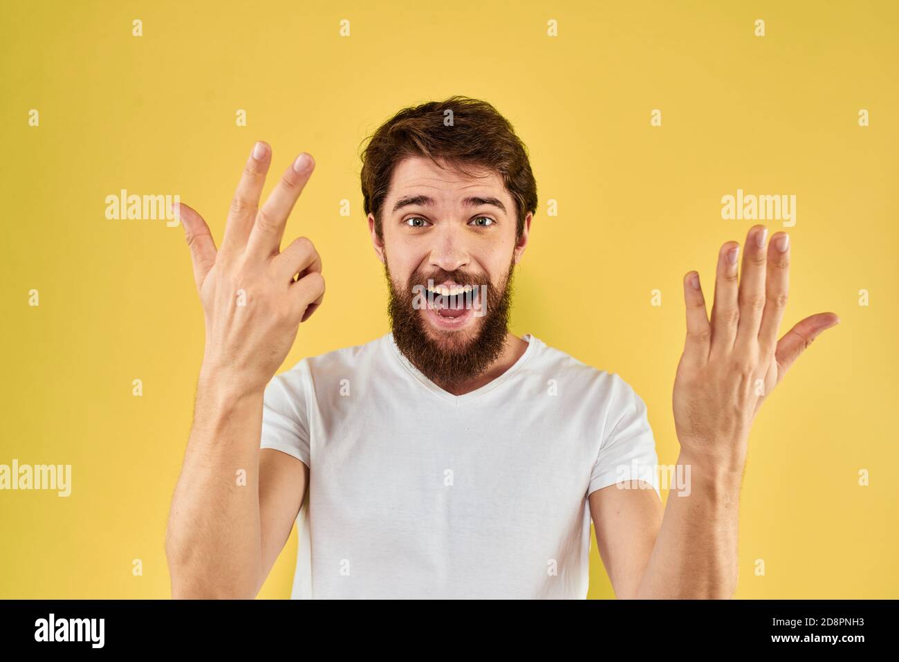 Bearded man emotions fun gesture with hands white t-shirt close-up ...