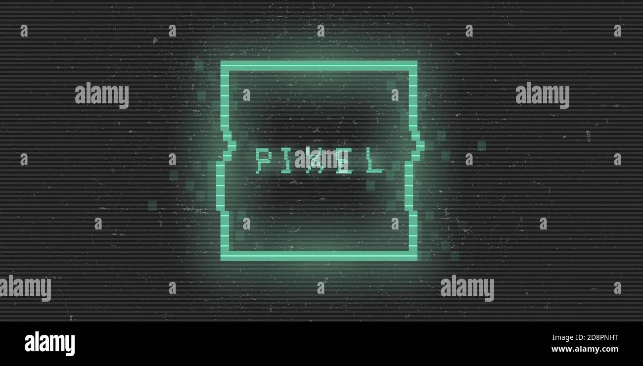Retrofuturistic cyberpunk glitch pixel rectangle. Green glowing digital ...