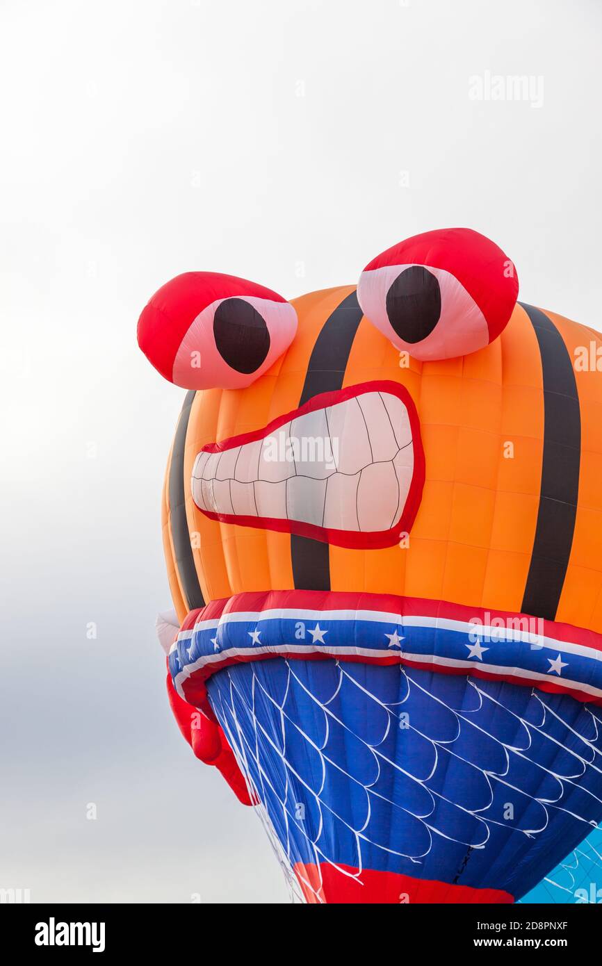 A hot air balloon that looks like a basketball with a face being ...