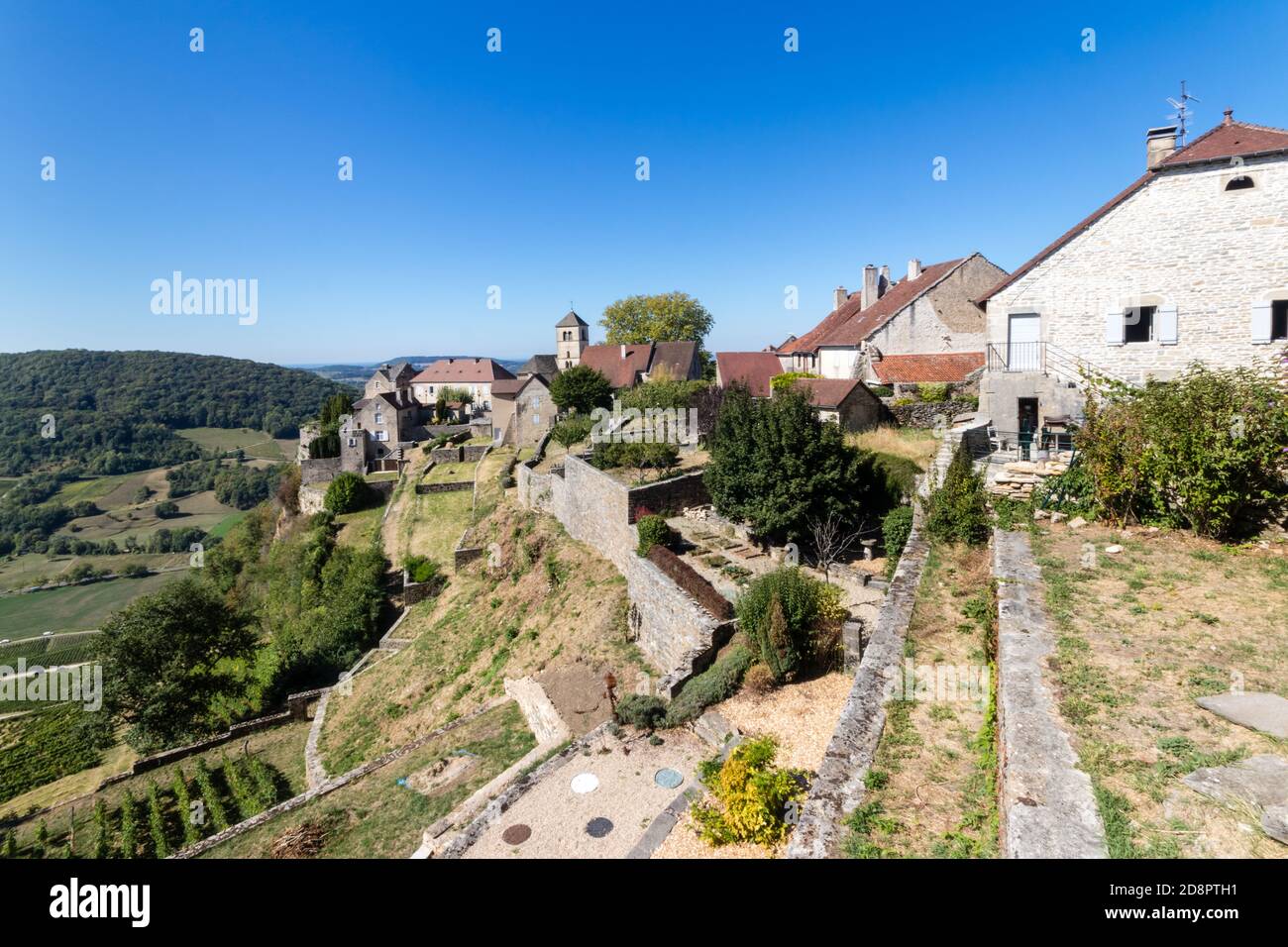 The historic village of Chateau Chalon, castle from Jura, France Stock ...