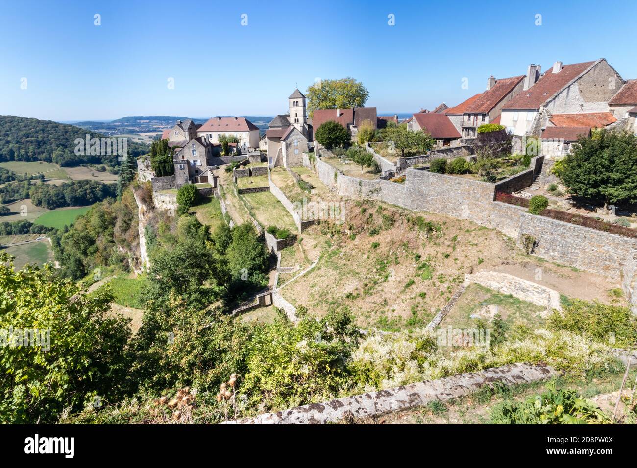 The historic village of Chateau Chalon, castle from Jura, France Stock ...