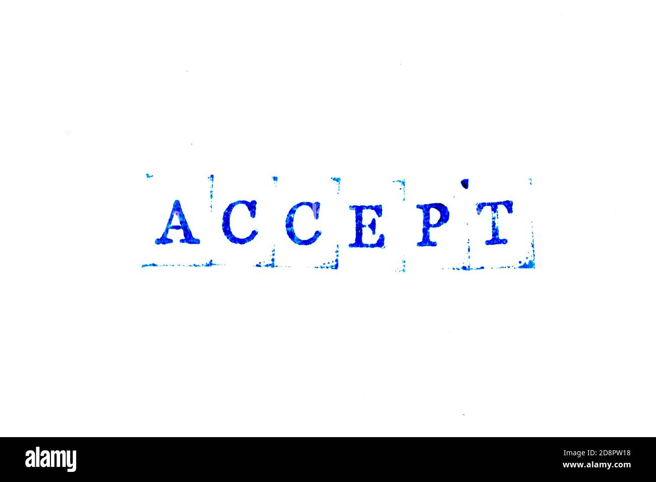 Blue color ink of rubber stamp in word accept on white paper background ...
