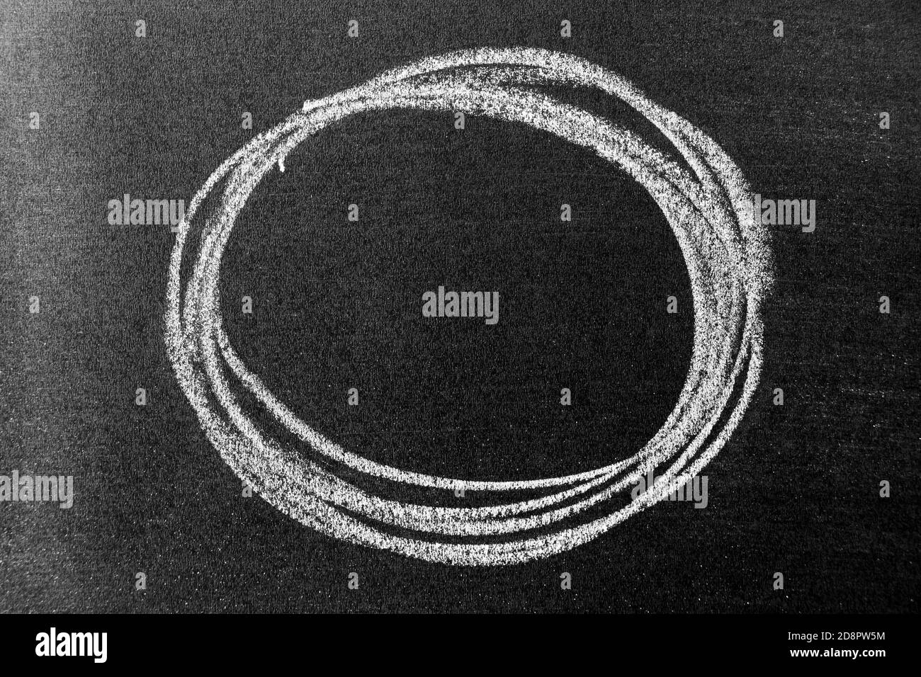 White color chalk hand drawing in circle or oval shape on black board ...