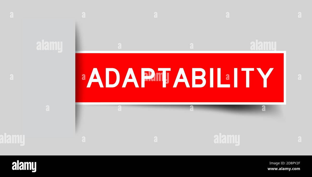 Inserted red color label sticker with word adaptability on gray ...