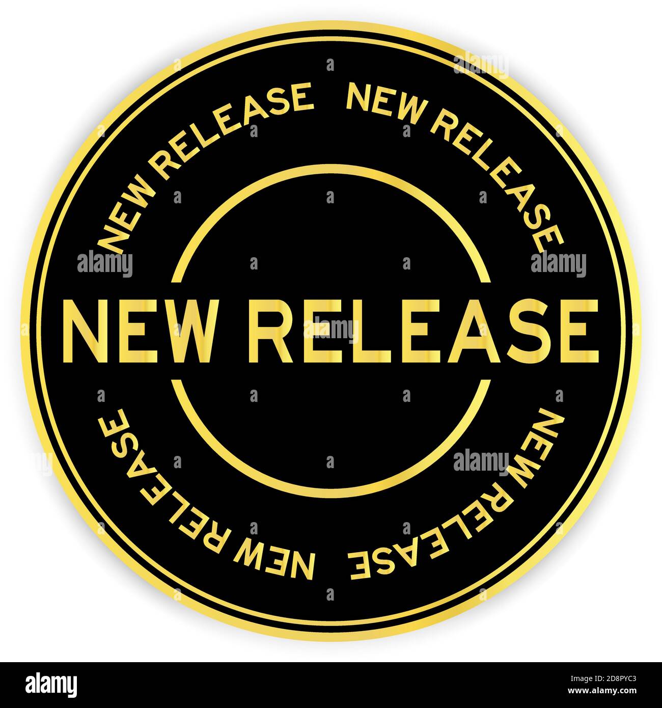 Black and gold color round sticker with word new release on white ...