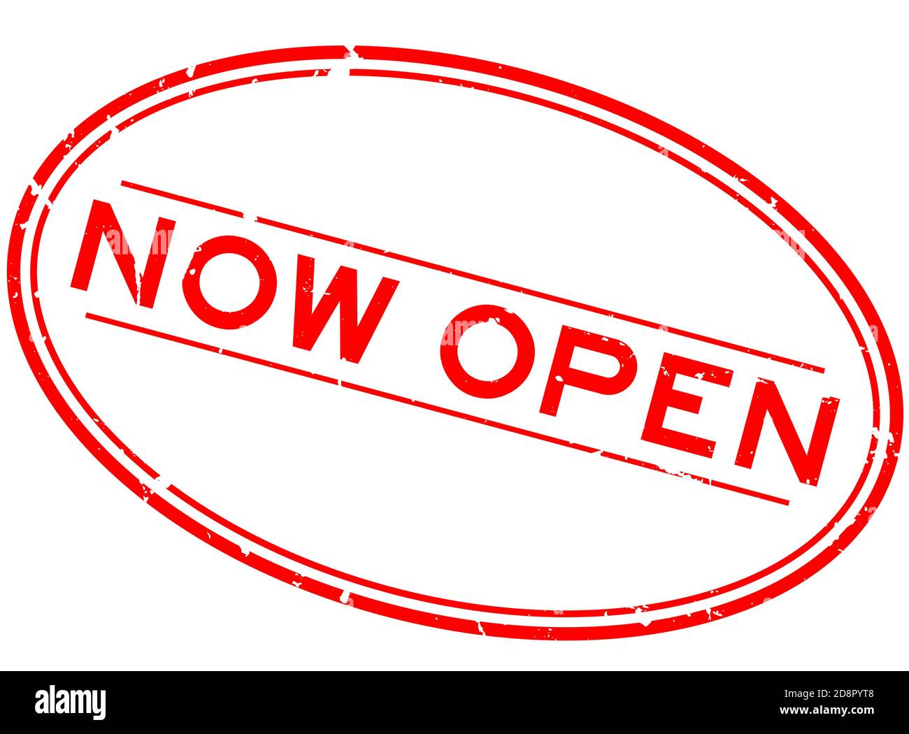 Grunge red now open word oval rubber seal stamp on white background ...