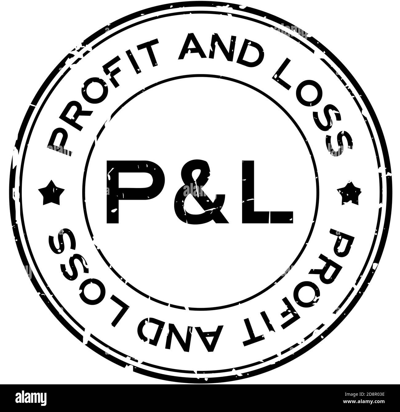 Grunge black P&L (abbreviation of profit and loss) word round rubber seal stamp on white ...