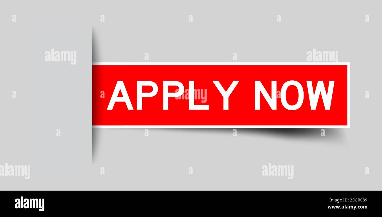 Inserted red color label sticker with word apply now on gray background ...