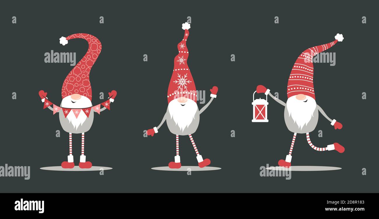 Cute gnomes in red santa hats on black background. Scandinavian ...