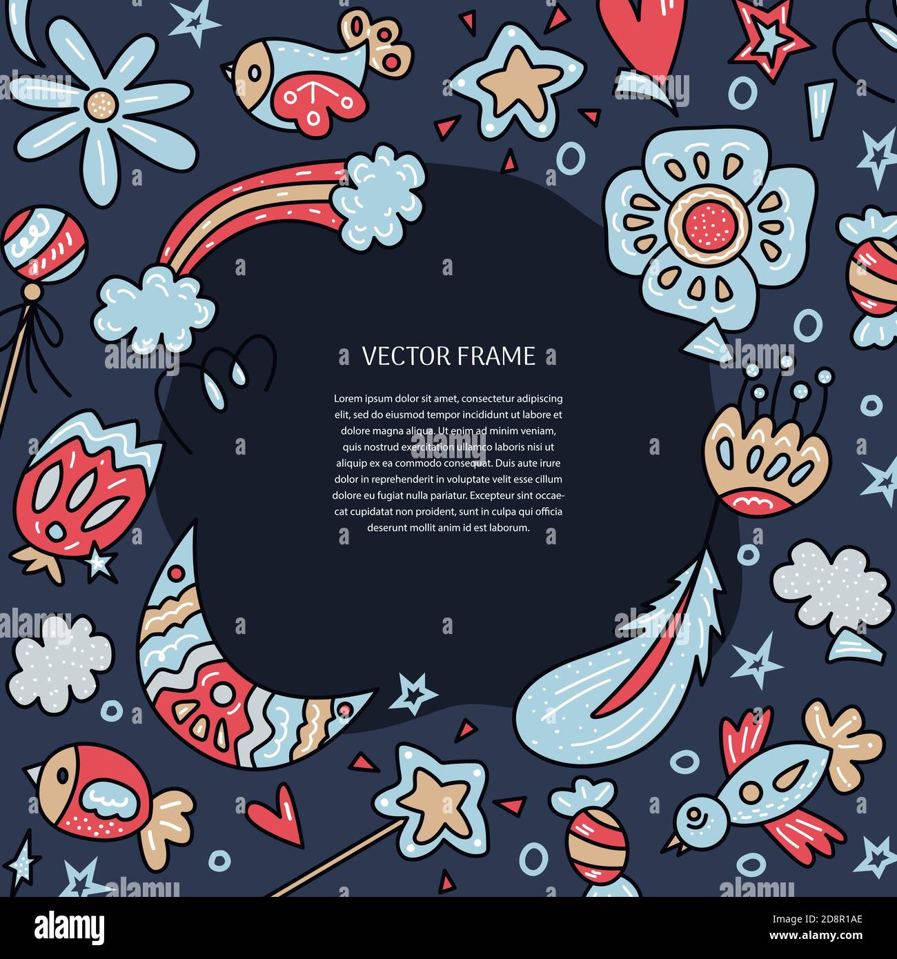 Hand-drawn vector frame template. Doodle illustration of funny elements ...