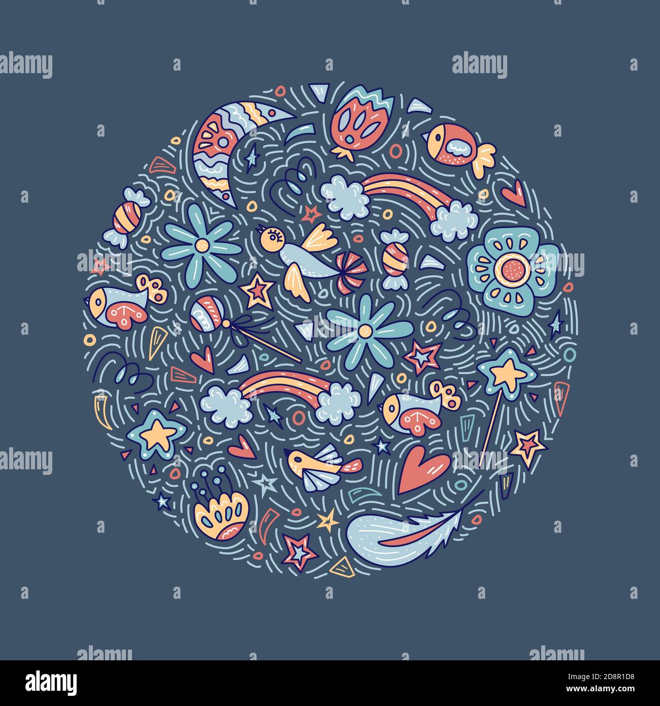 Hand-drawn vector round composition template. Doodle illustration of ...