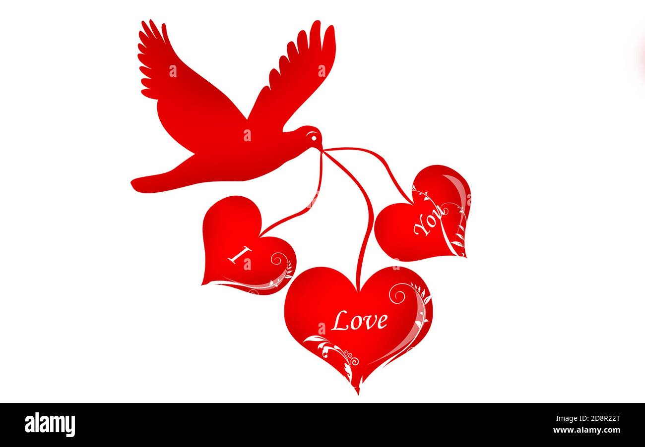 2d illustration of flying bird and love symbol in abstract background ...