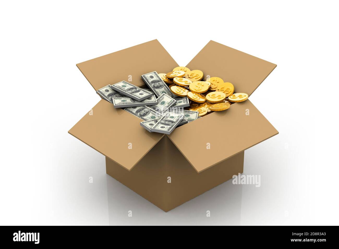 Open Cardboard box with money Stock Photo - Alamy