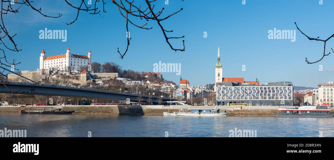 BRATISLAVA, SLOVAKIA, DECEMBER - 1, 2017: The riverside in winter with ...