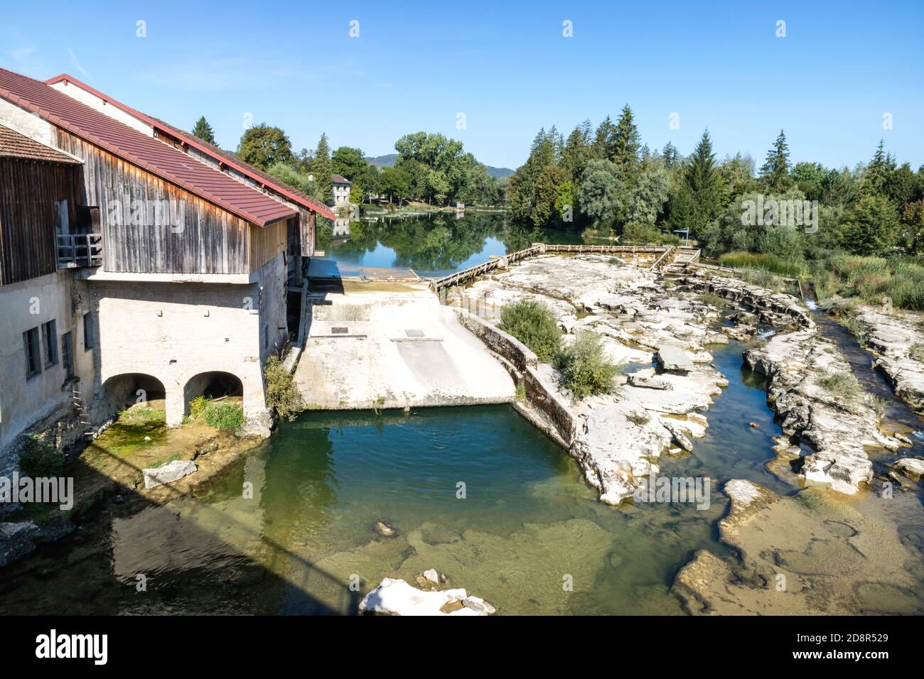 Impressive rock formation in the Ain river at Pont de Poitte village ...