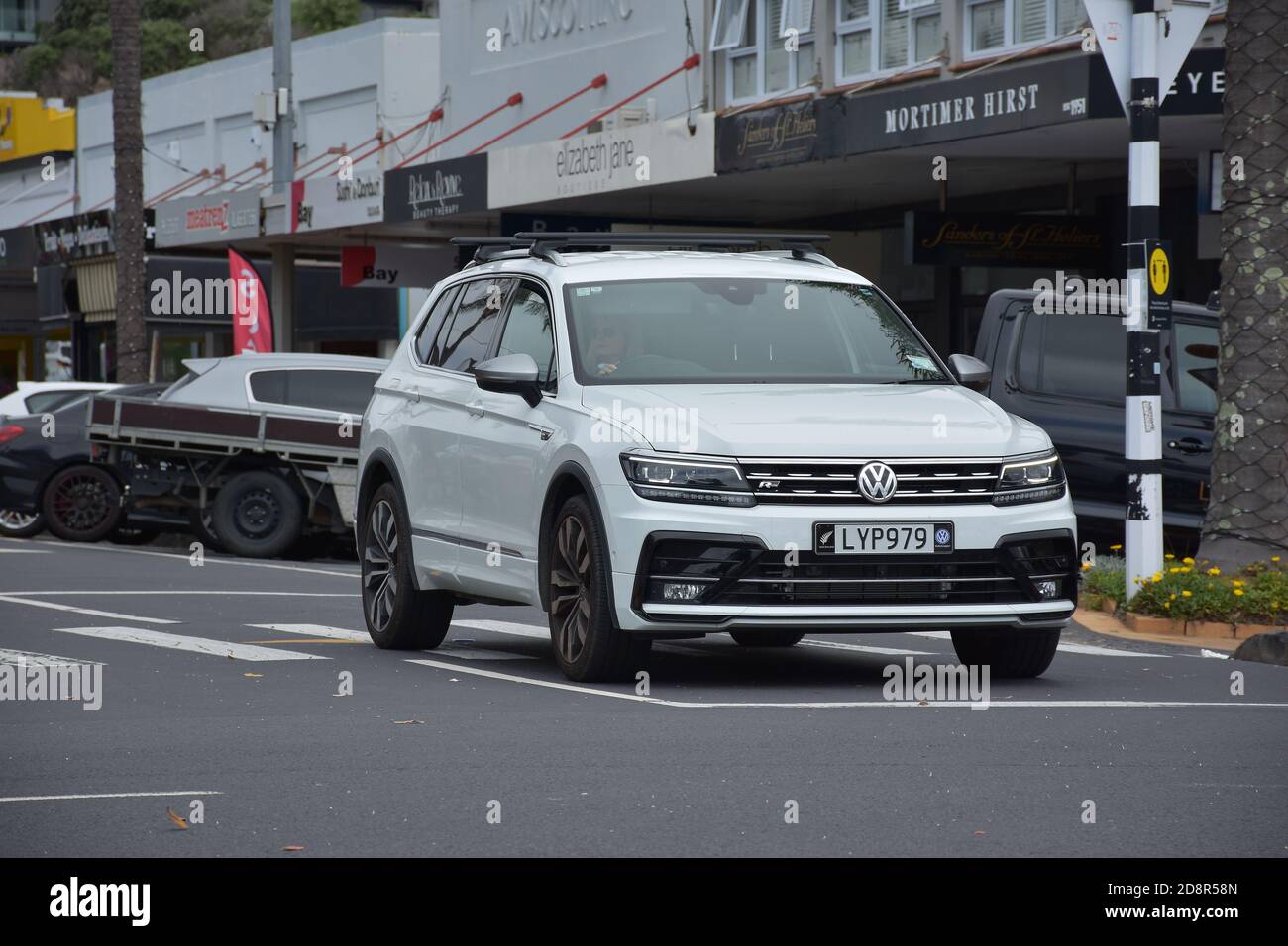 AUCKLAND, NEW ZEALAND - Oct 28, 2020: View of white Volkswagen SUV in ...