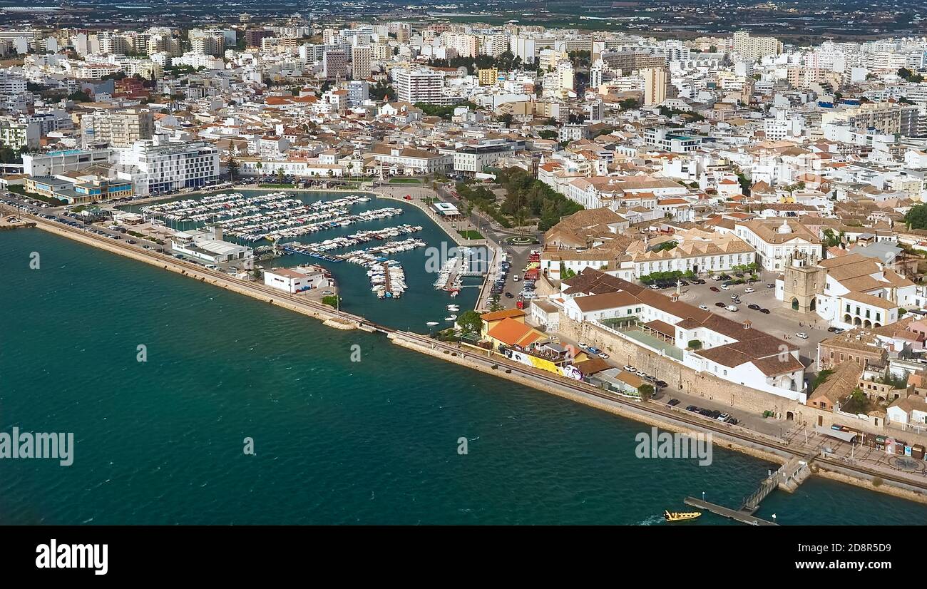 Aerial view of the Cityscape of Faro at the Algarve coast in Portugal ...