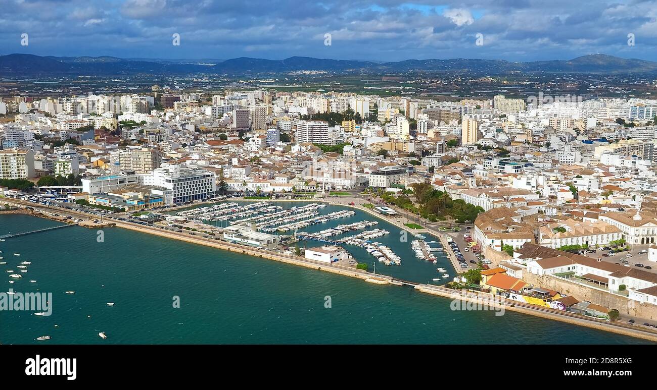 Aerial view of the Cityscape of Faro at the Algarve coast in Portugal ...