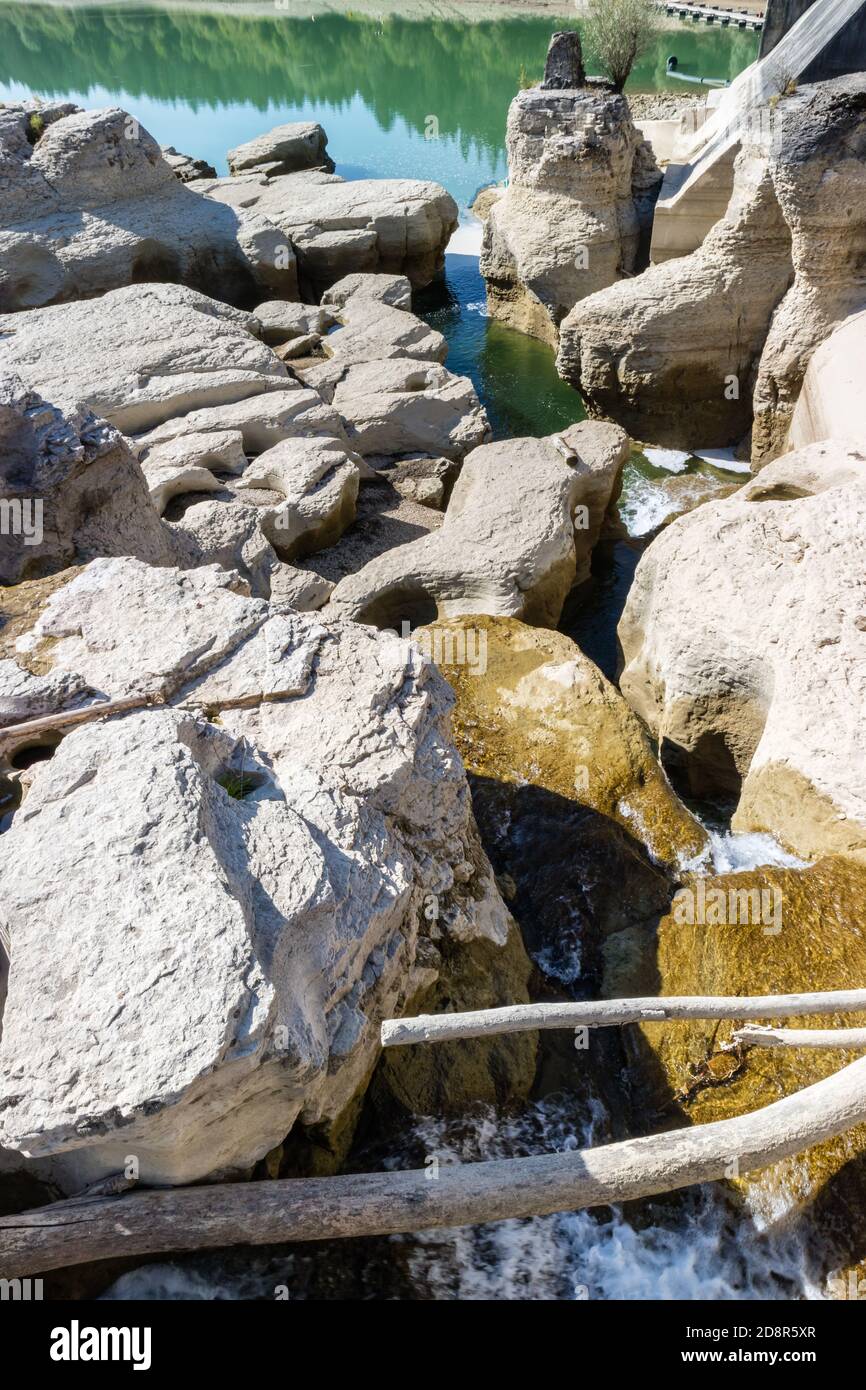 Impressive rock formation in the Ain river at Pont de Poitte village ...