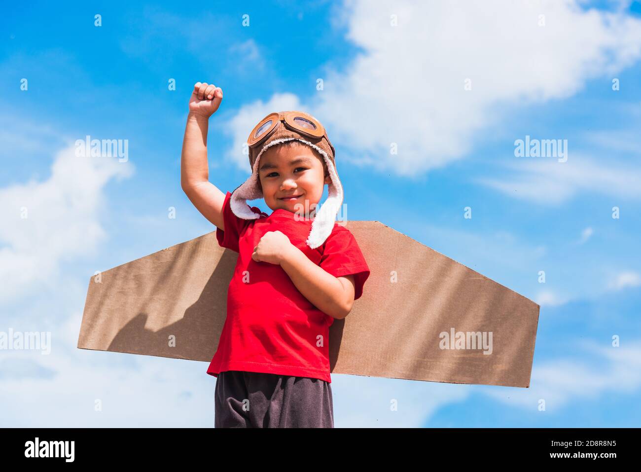 Happy Asian funny child or kid little boy smile wear pilot hat and ...
