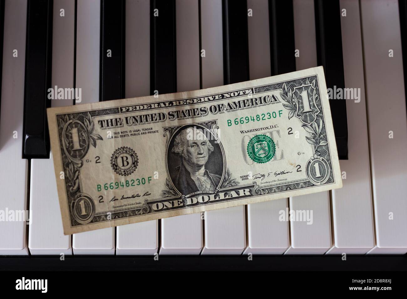 One dollar banknote lying on the piano keys. The dollar as a symbol of ...