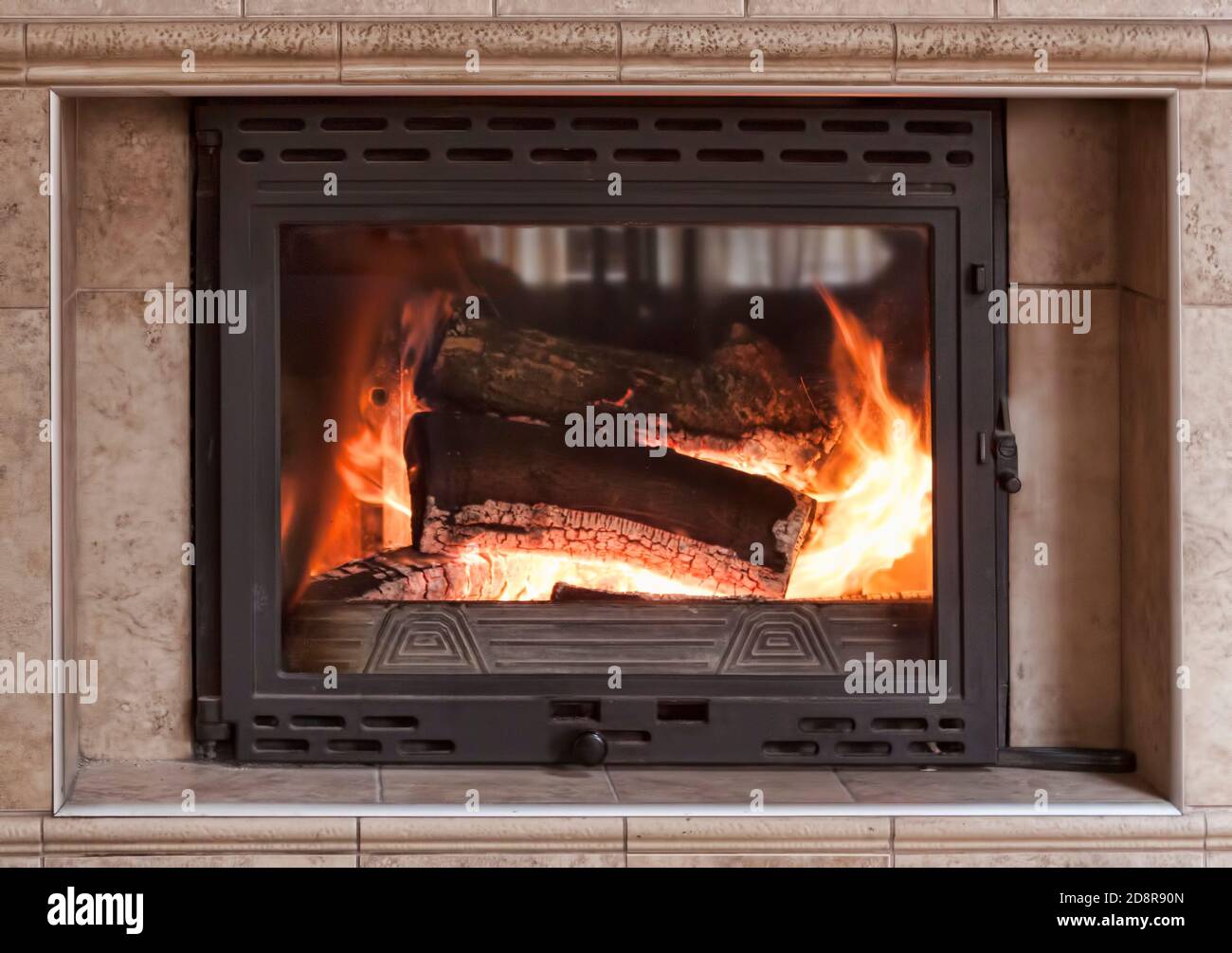 In the fireplace burning logs. View through heat resistant glass door ...