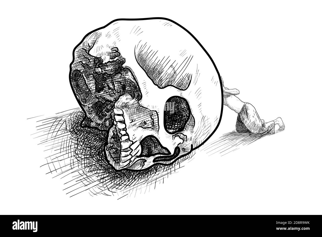 Drawing of a man looking inside a human skull isolated on white. vector ...