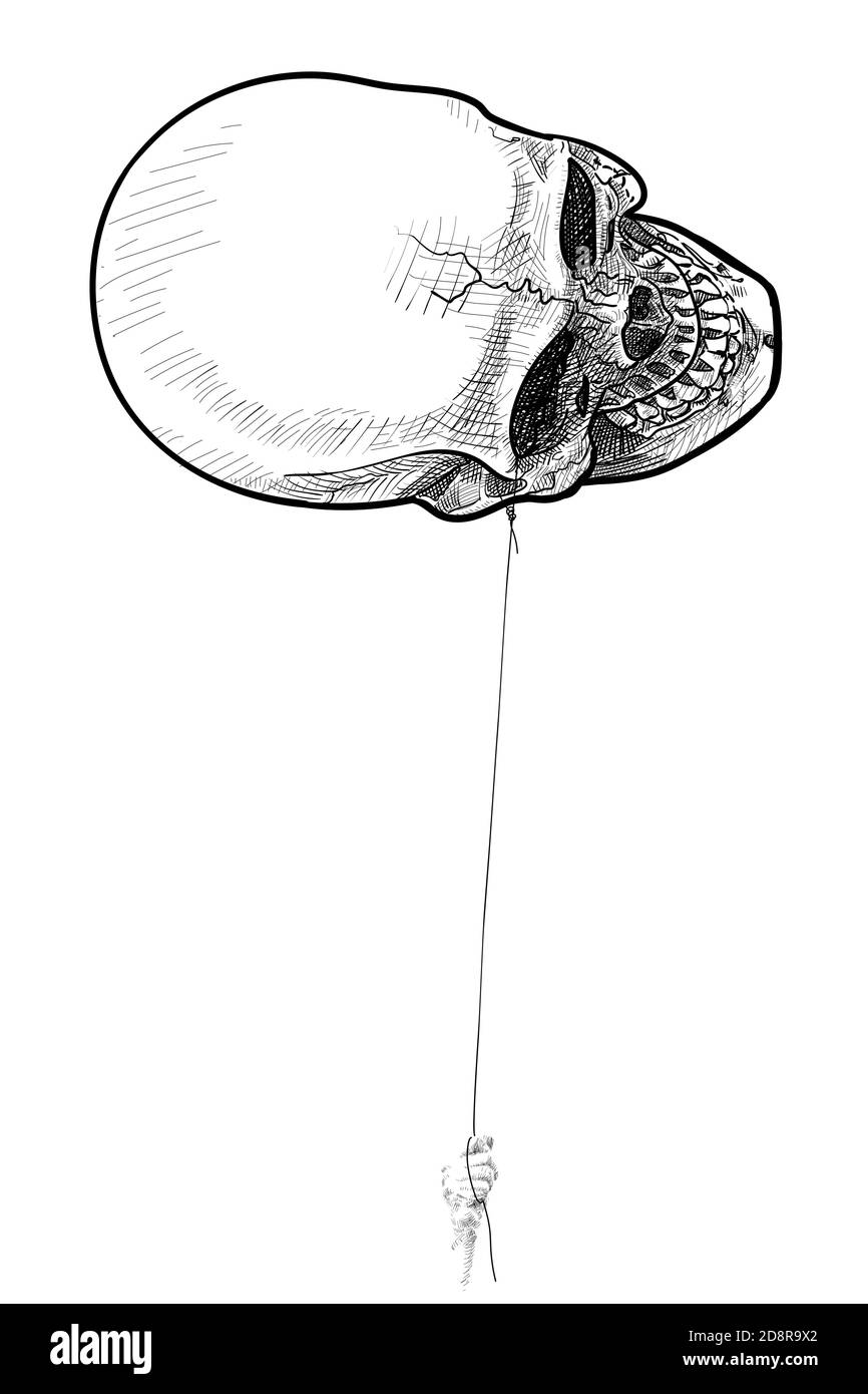 Drawing of human hand holding a rope tie with skull balloon isolated on ...