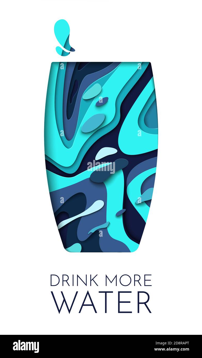 Blue paper water glass paper cut design. Paper art style. Drink water ...