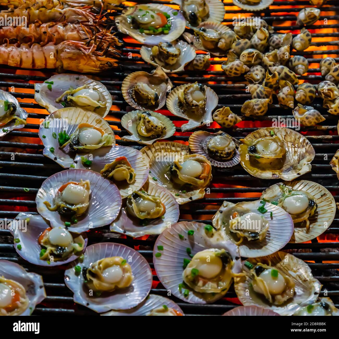 BBQ seafood on fire oysters grilled seafood scallop food background ...