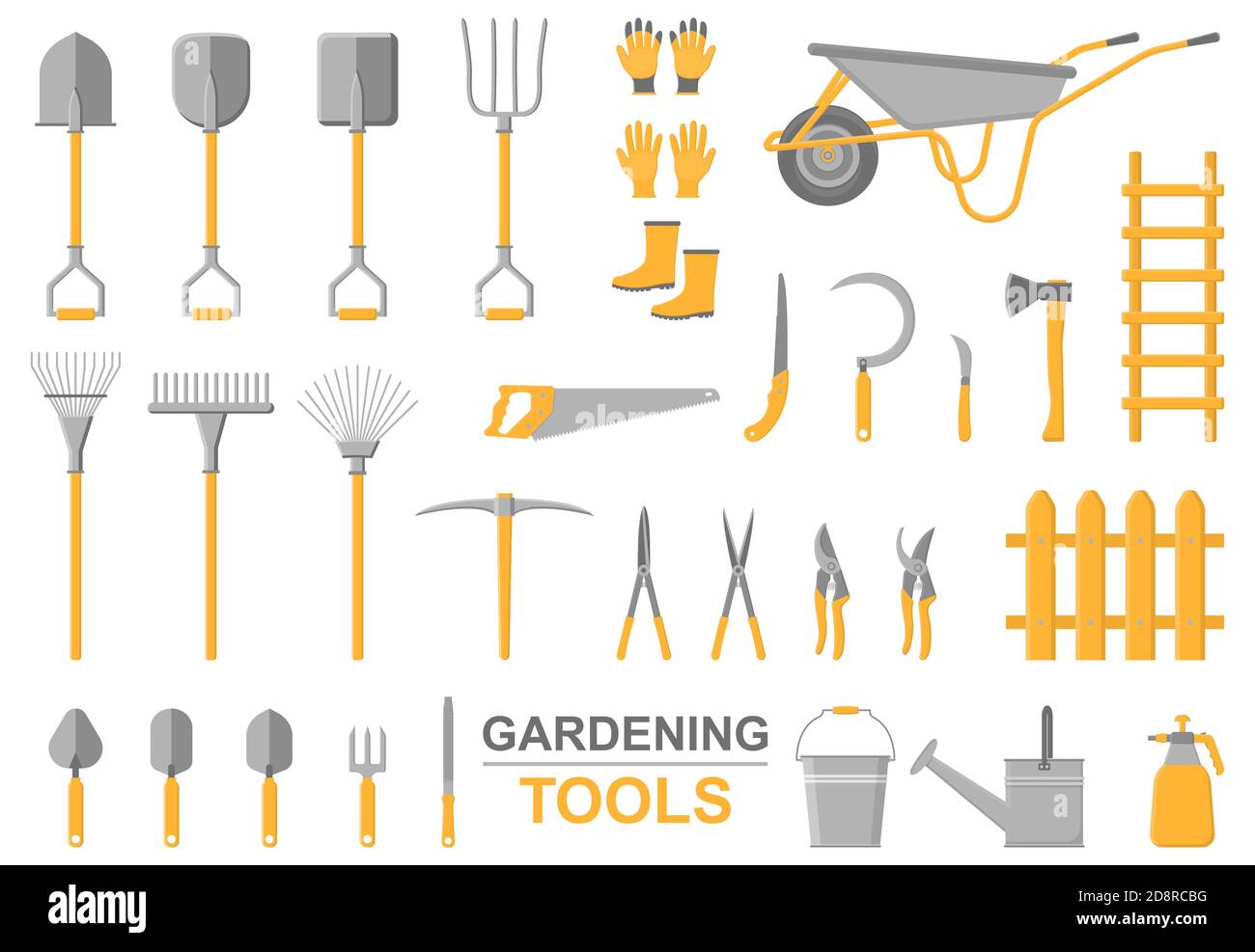 Set of various gardening items. Gardening tools of farming or farmer ...