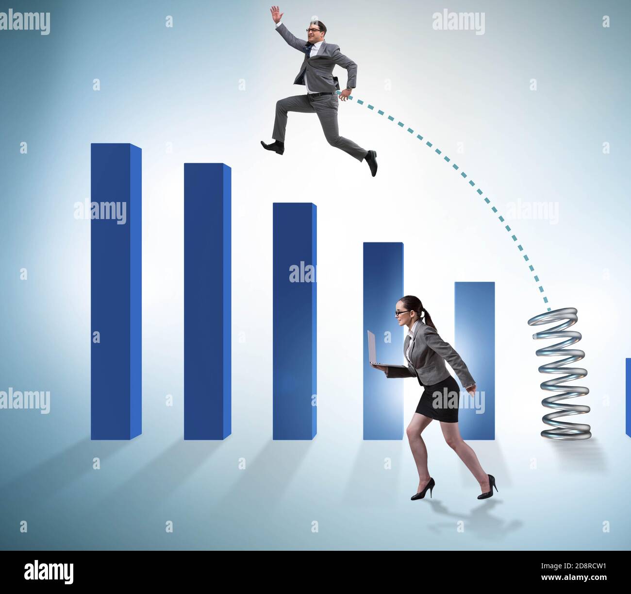 The business people jumping over bar charts Stock Photo - Alamy