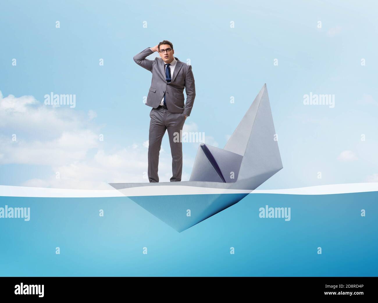 The businessman escaping sunken paper boat ship Stock Photo - Alamy