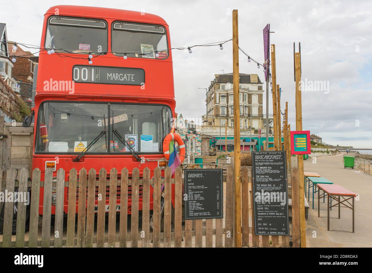 Repurposed traditional red bus now used as a cafe on Margate seafront ...