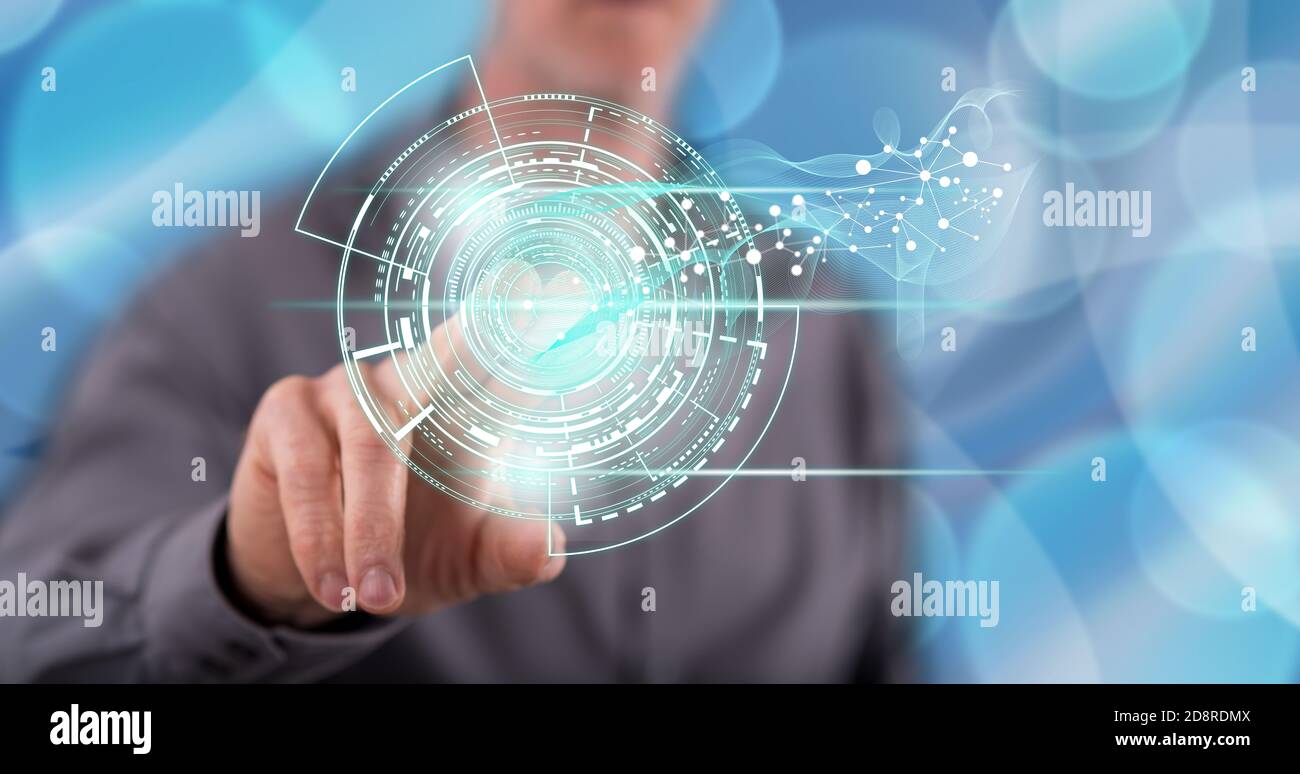 Man touching a technology concept on a touch screen with his finger ...