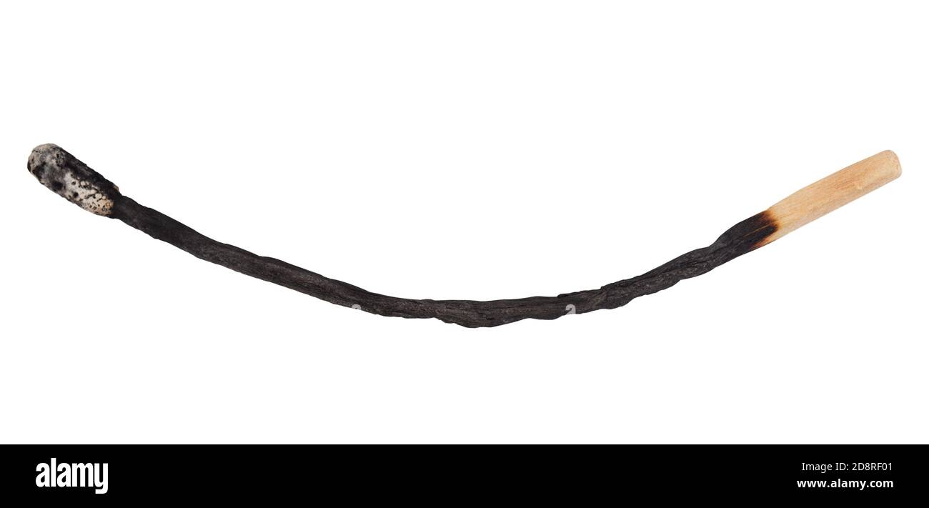 closeup detail of long burnt wooden match stick isolated on white ...