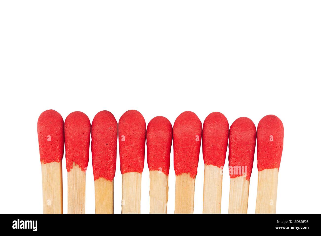 front view macro closeup of red wooden match sticks heads isolated on ...