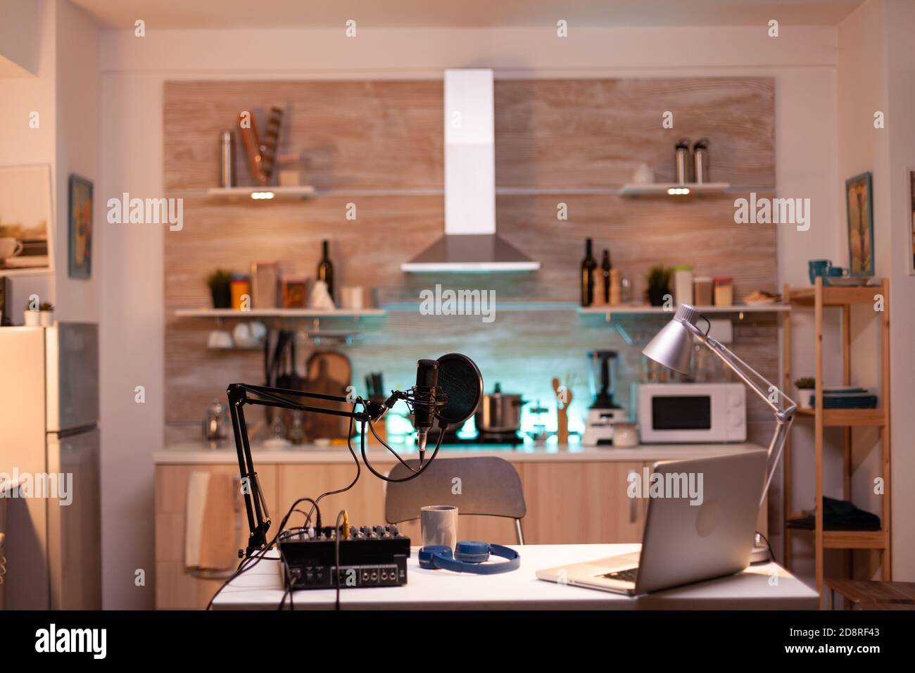 Podcast home studio in the kitchen with professional brodcasting gear ...