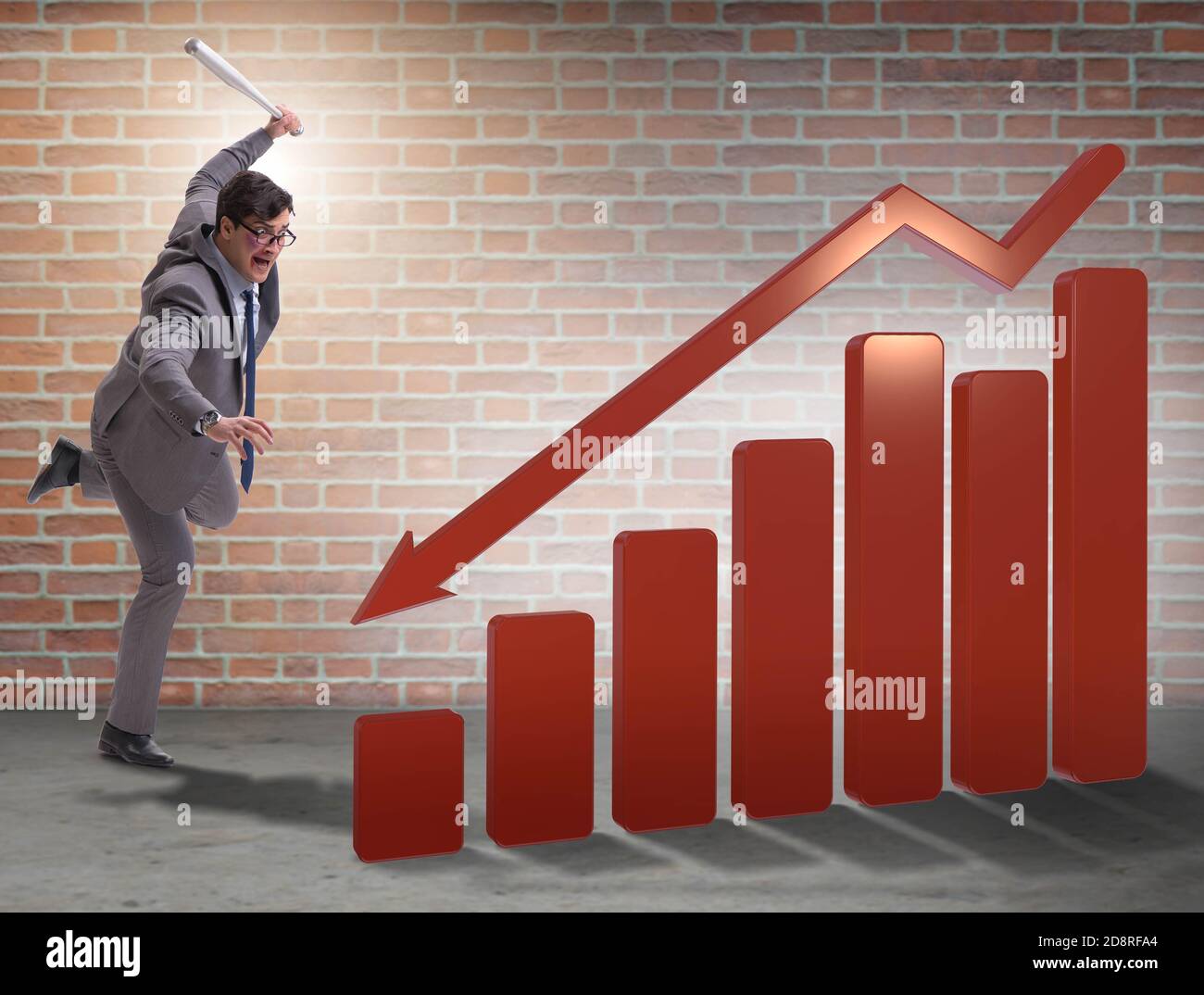 The angry man with baseball bat hitting downward chart Stock Photo - Alamy