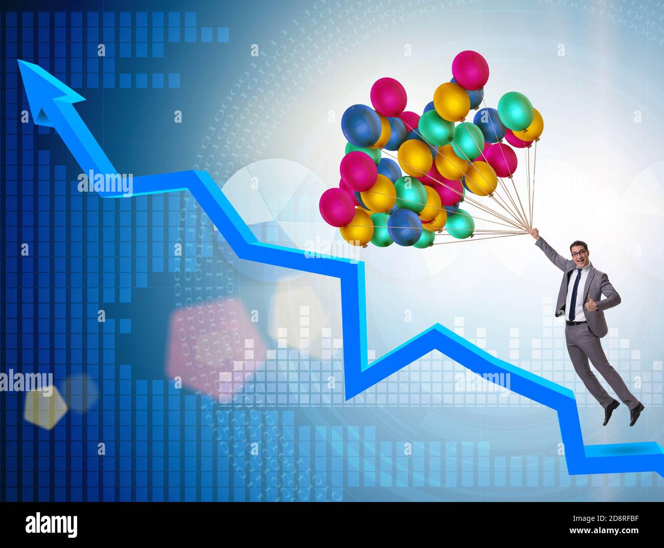 The businessman flying on balloons over graph Stock Photo - Alamy