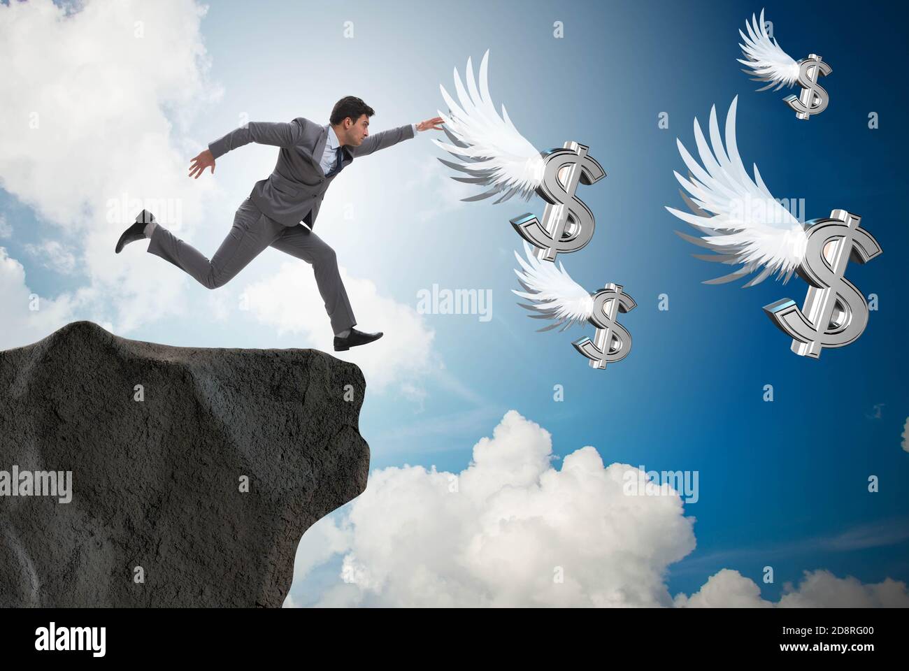 The businessman chasing angel dollars in business concept Stock Photo ...