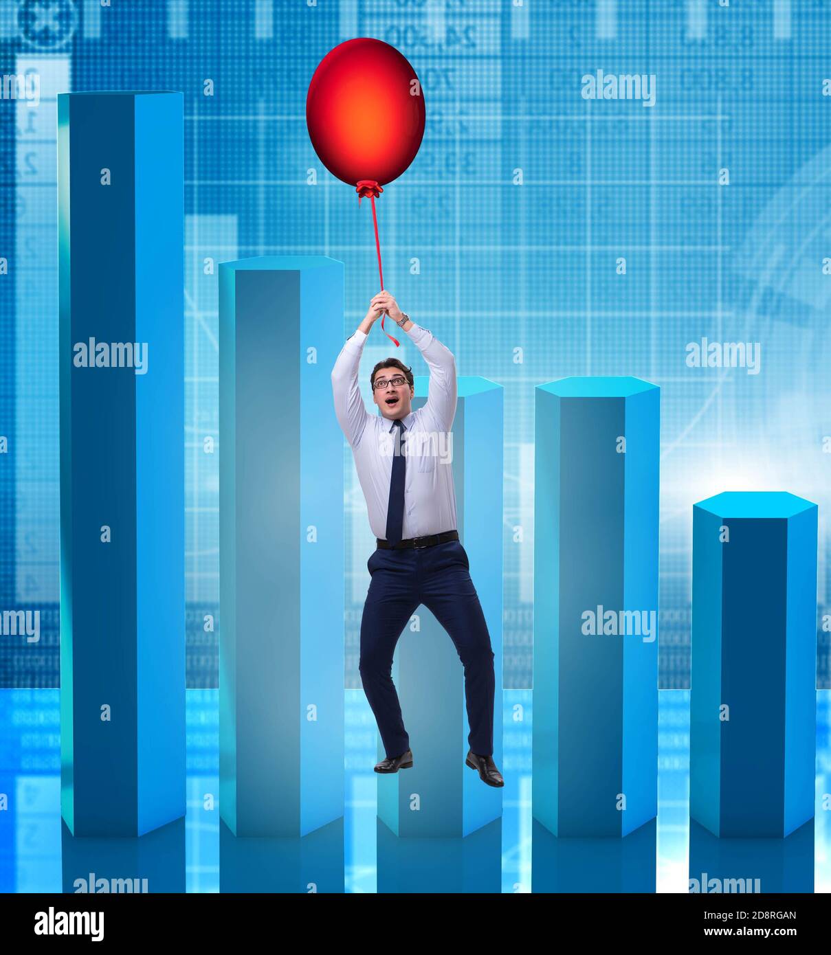 The businessman flying on hot balloon over graph Stock Photo - Alamy