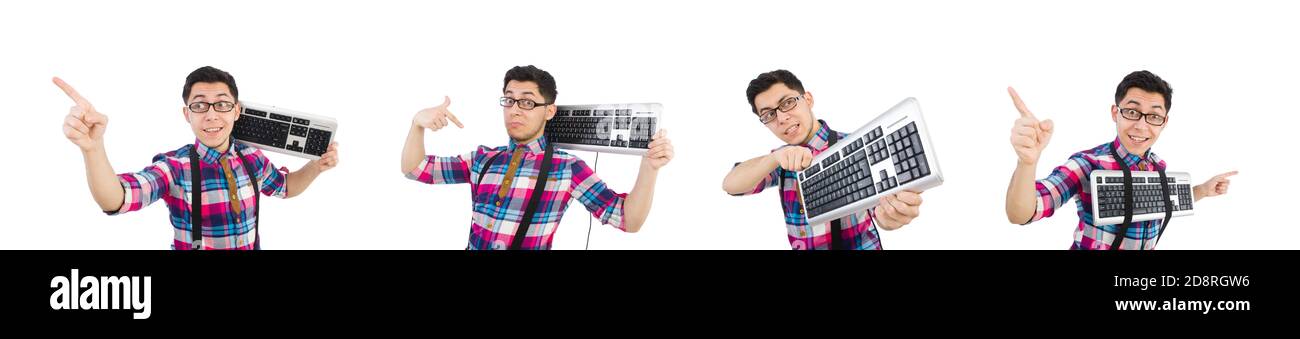 The computer nerd with keyboard isolated on white Stock Photo - Alamy