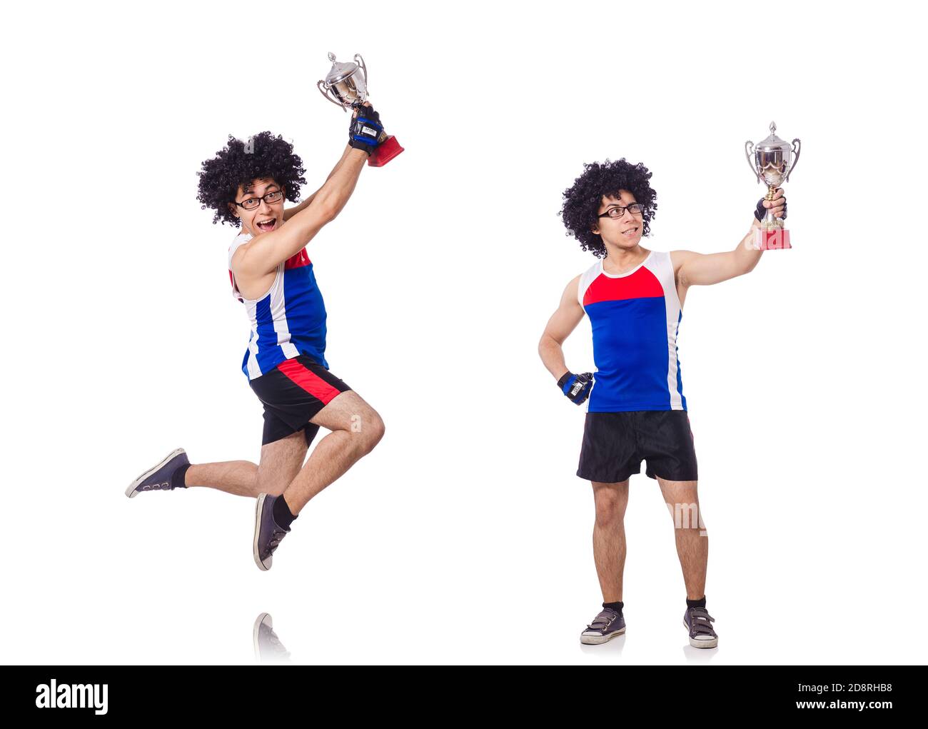 The funny man after winning gold cup isolated on white Stock Photo - Alamy