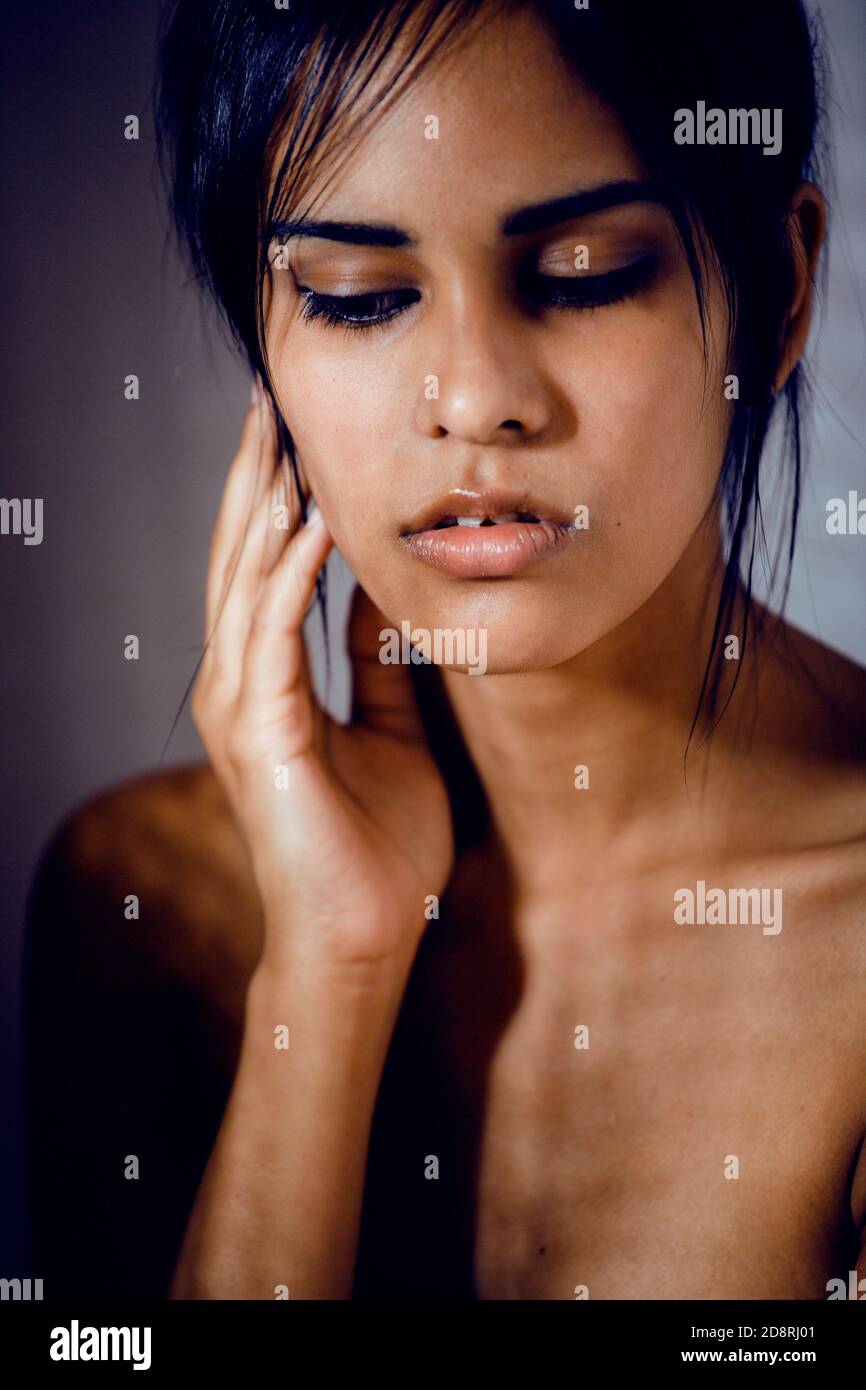 beauty latin young woman in depression, hopelessness look, fashion ...