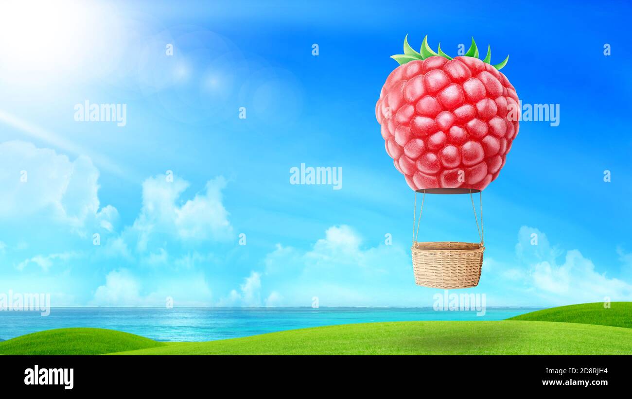 Raspberry fruit shaped hot air balloon, Hot air balloon floating over a ...