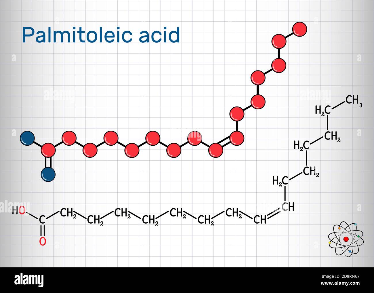 Palmitoleic acid, palmitoleate molecule. It is an omega-7 ...