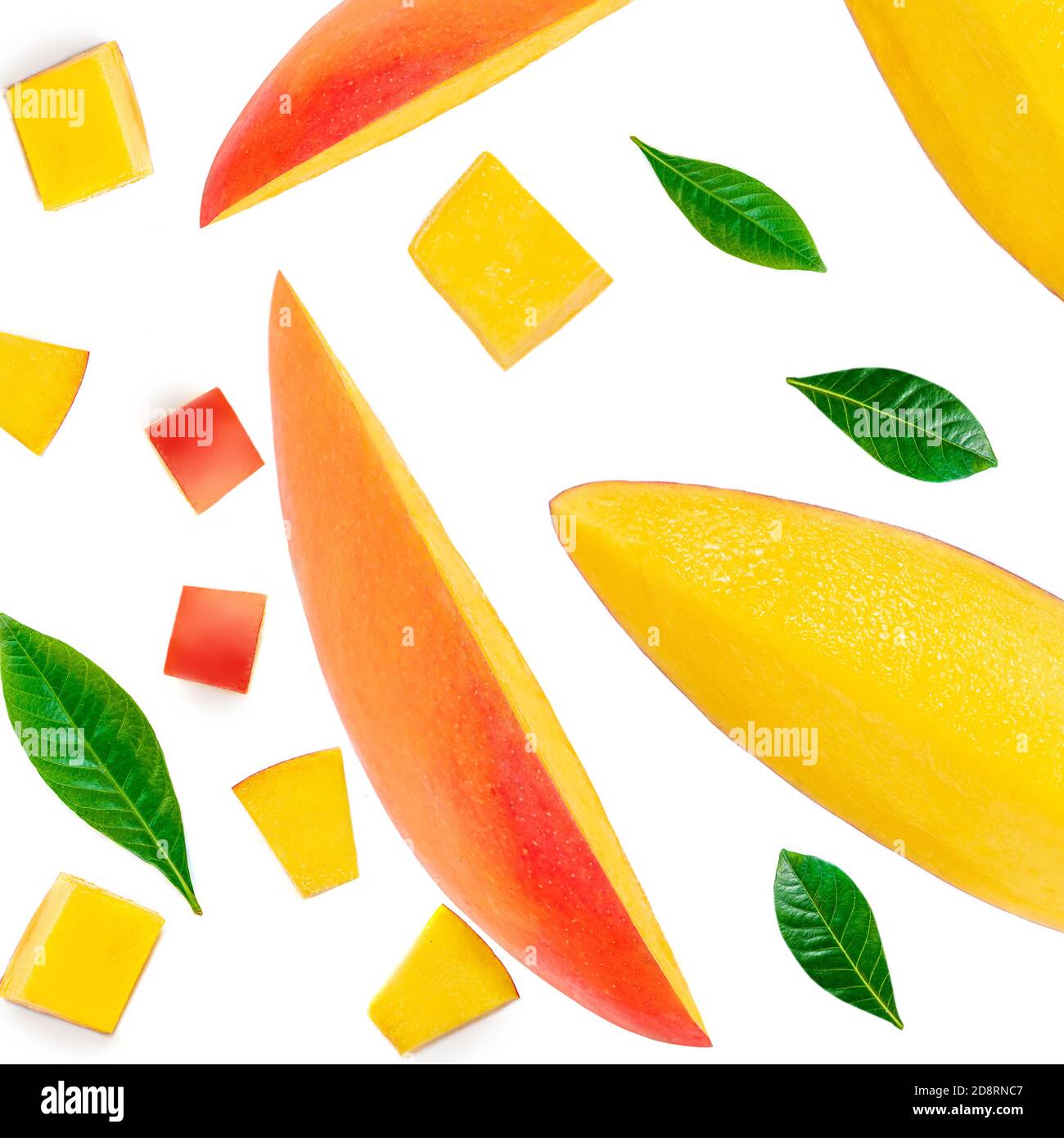 Mango fruit with leaves and half of mango isolated on white background ...